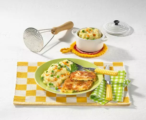 Ham en kaas schnitzel met groente en aardappelpuree recept