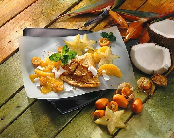 Coconut crepes with exotic fruits recipe