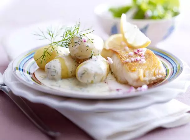 Lub teeb Dill Béchamel Qos yaj ywm nrog Fried Cod Fillet Recipe