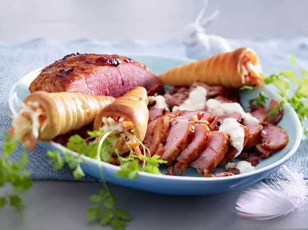 Roast ham with wild garlic remoulade and carrot croissants recipe