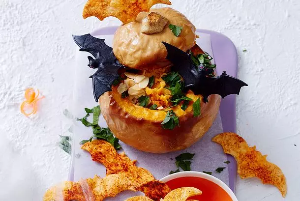 Pumpkin Cauldron Hummus with Bat Chips recipe 44591_1