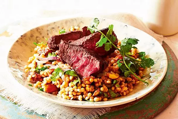 barley pilaf ກັບສູດ steak strips 46035_1