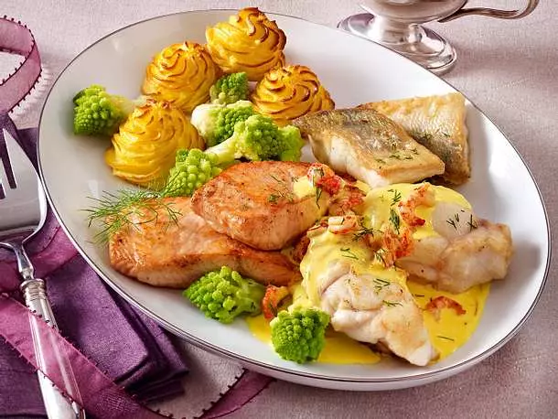 Platter tal-ħut bi żagħfran hollandaise u riċetta tal-patata dukessa 56385_1