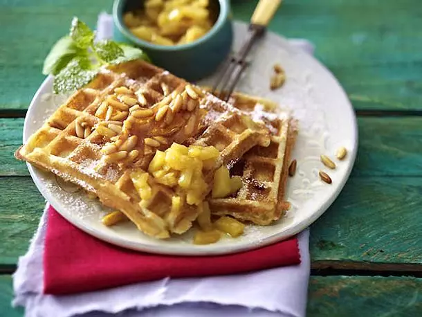 Pine Nut Buttermilk Waffles with Caramelized Rum Pineapple recipe