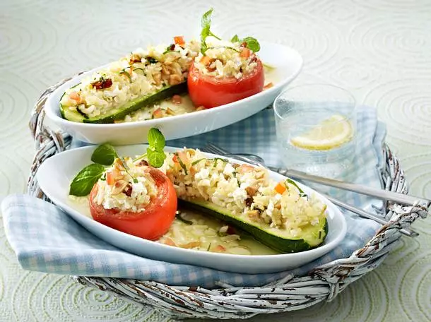 Stuffed Tomato and Zucchini with Feta and Rice Noodles Recipe