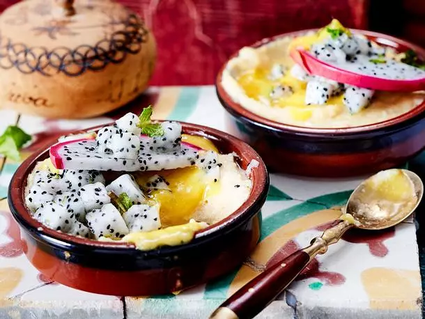 Ricetta Flan de maiz (crema di polenta con salsa di mango).