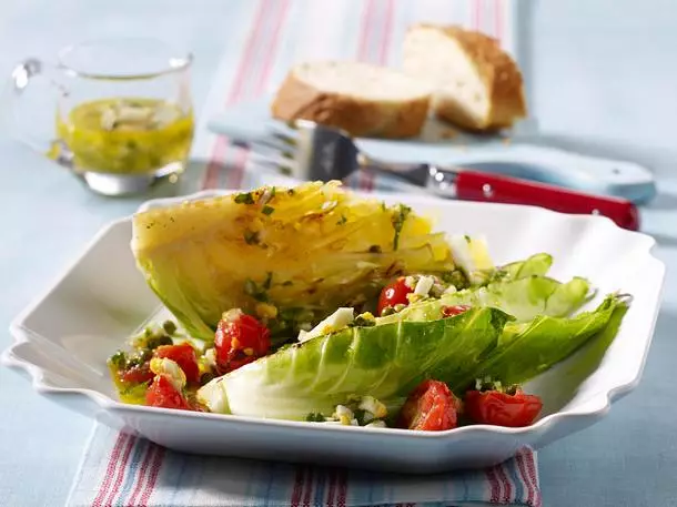 Fried cabbage wedges with egg and herb vinaigrette and tomato concassée recipe